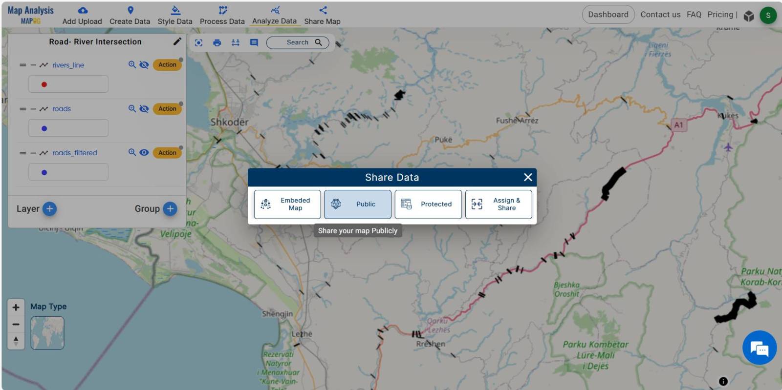 Create Map: Road-River Intersection Mapping